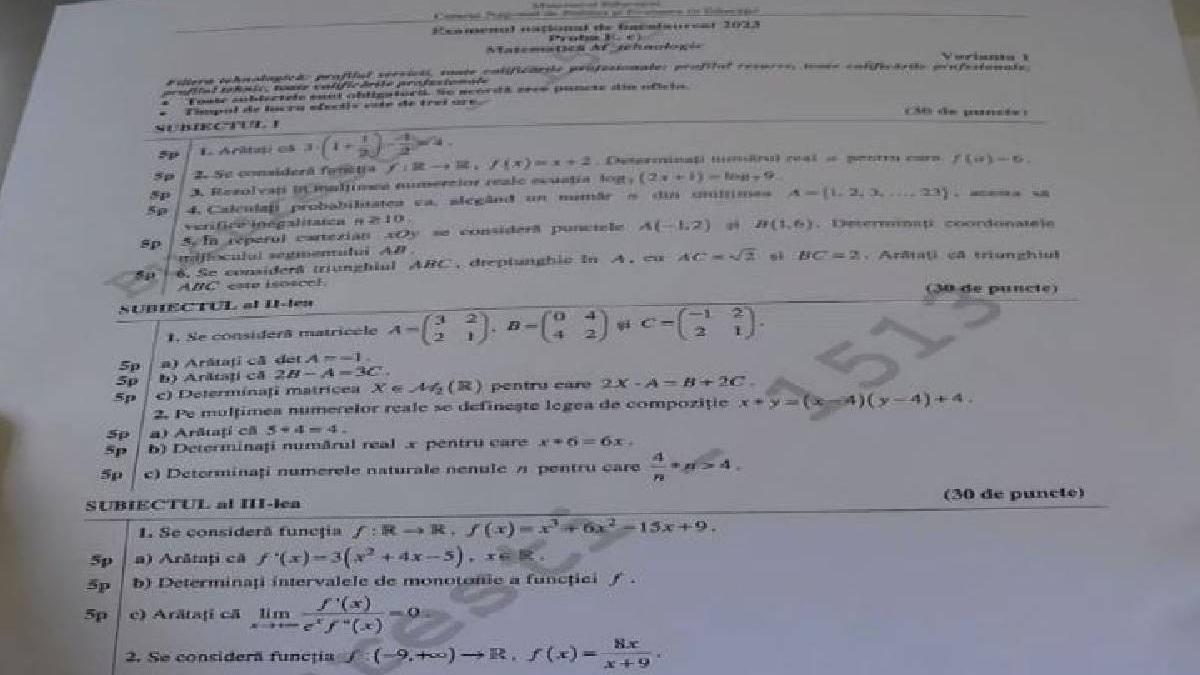 Subiectele la Matematică de la Bacalaureat 2023, profil tehnologic, au ...