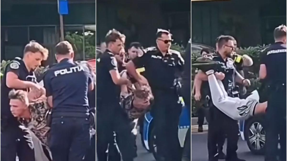 Scandal în centrul Capitalei: un individ a fost legat si luat pe sus de polițiști după ce și-a ...